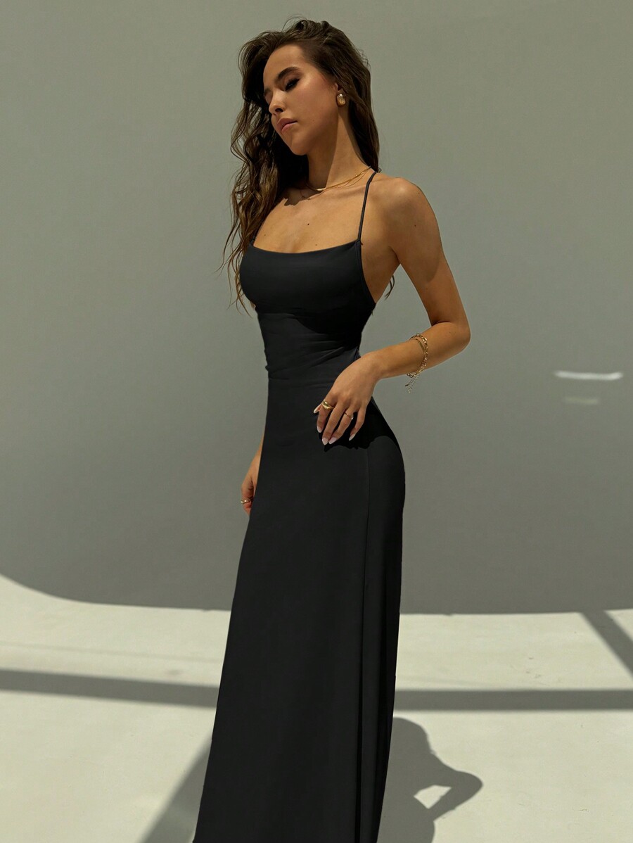 Aloruh White Backless Spaghetti Strap Tight Deep Draped Neck Long Dress ...