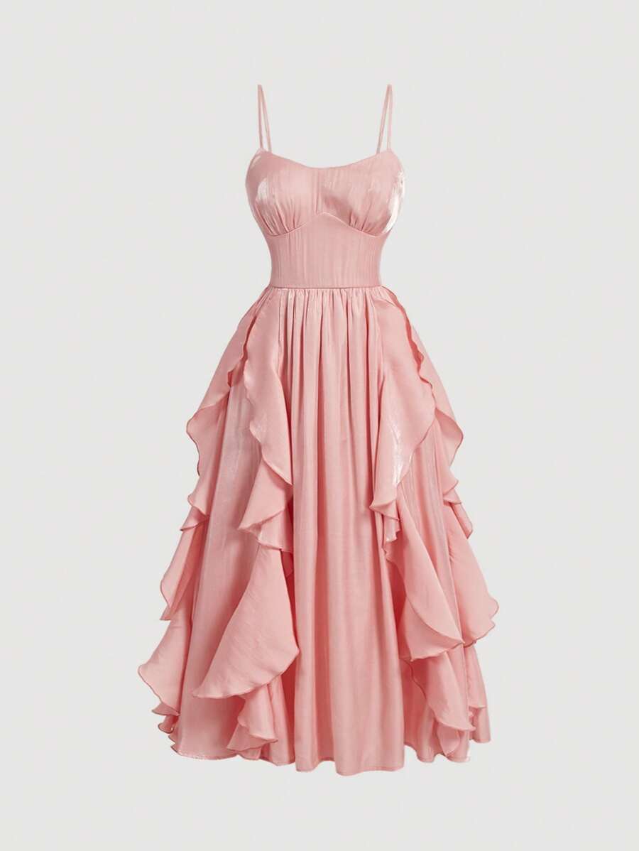 SHEIN MOD Pink Ruffled Ribbon And Glossy Fabric Princess Style Ruffle ...