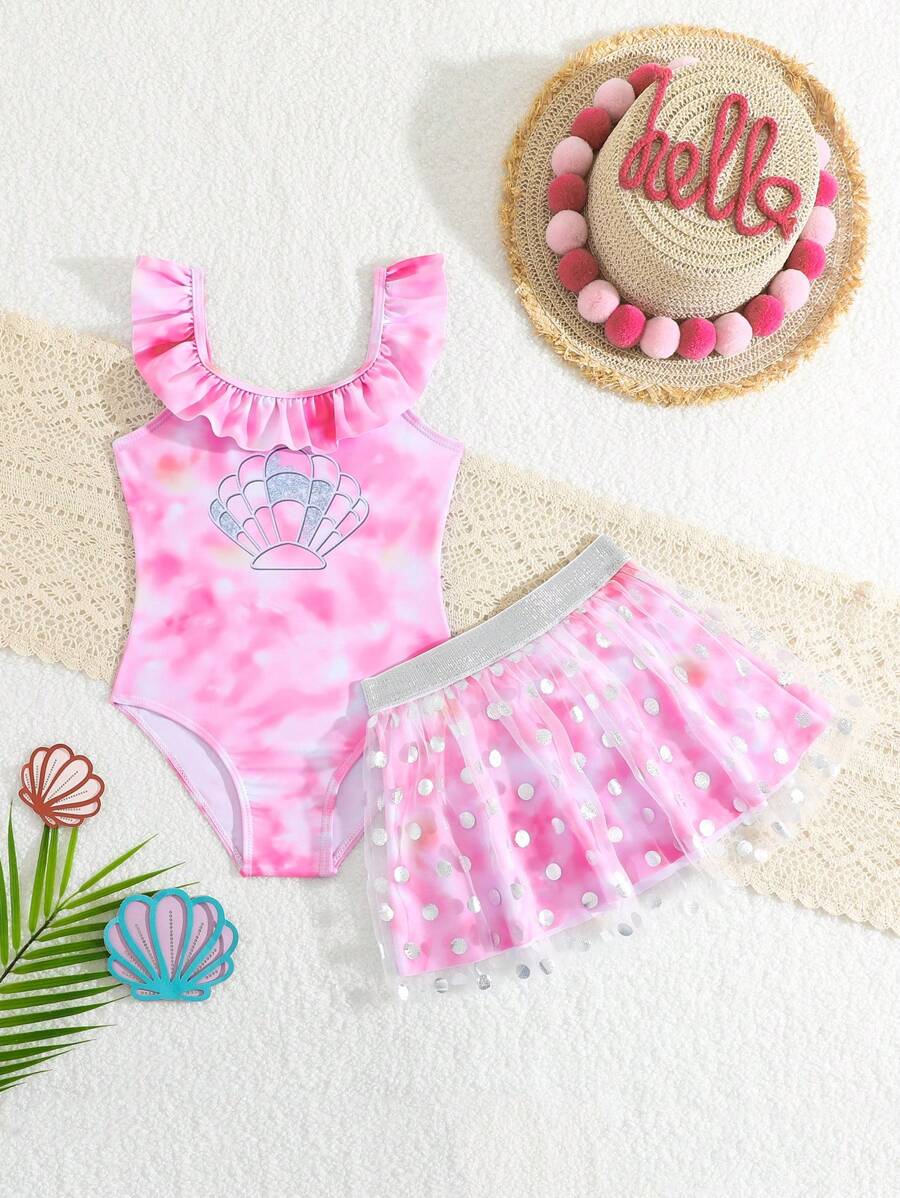 2pcs/Set Young Girls' Mermaid Swimsuit With Ruffle Trim, Shell Print ...