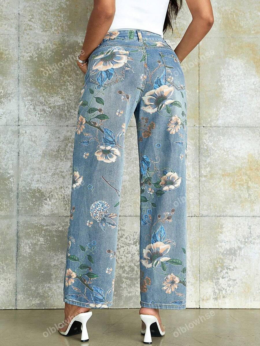 90s Vintage Floral Print High Waist Slant Pocket Wide Leg Jean Casual ...