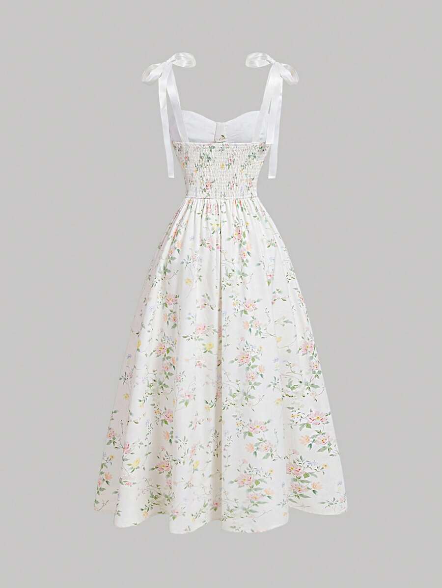 SHEIN MOD Romantic Floral Printed Shoulder Strap Tie Waist Women's ...