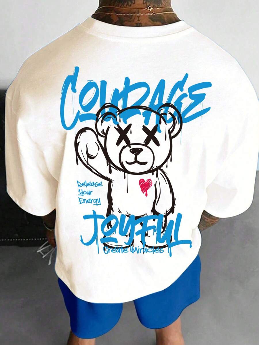 Manfinity EMRG Men's Standard Size Street-Style Vintage Graffiti English Fun Bear Pattern White ...