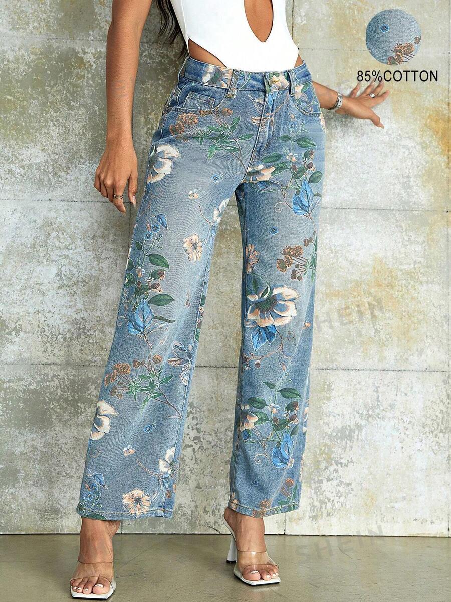 90s Vintage Floral Print High Waist Slant Pocket Wide Leg Jean Casual ...