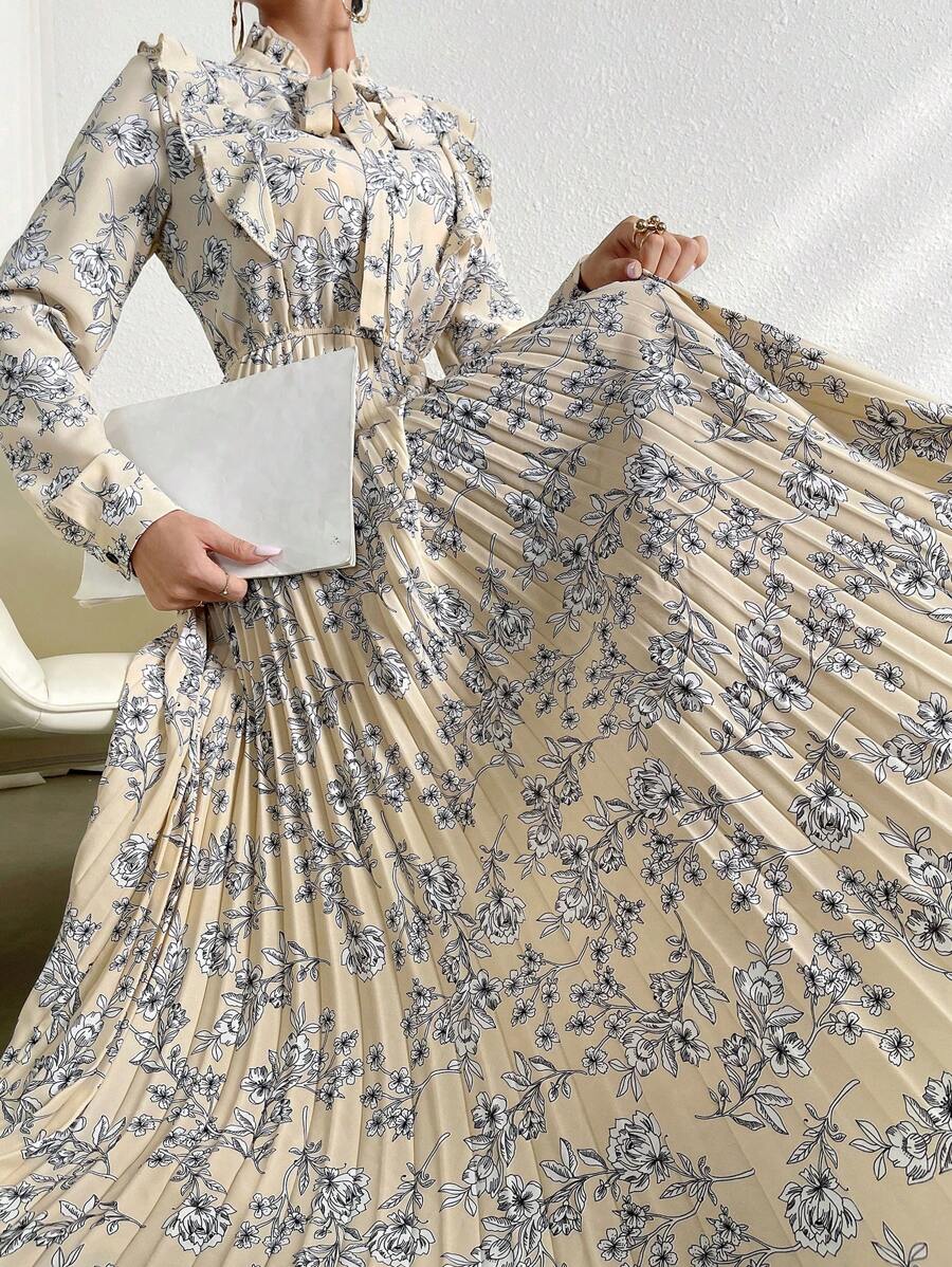 Mulvari Floral Pleated High Waist Long Sleeve Tie Neck Dress | SHEIN USA