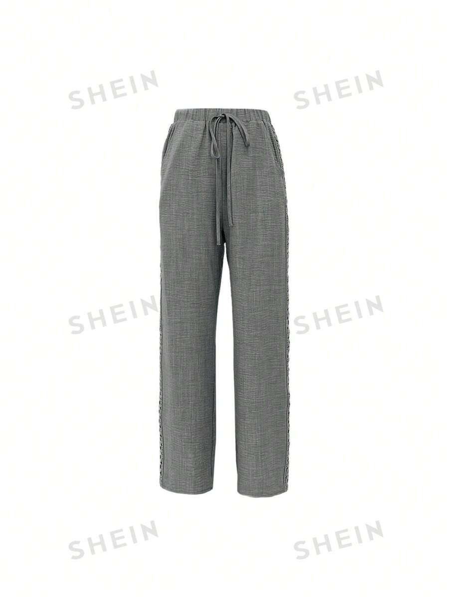 Shein Lune Womens Drawstring Side Splicing Lace Trim Wide Leg Pants