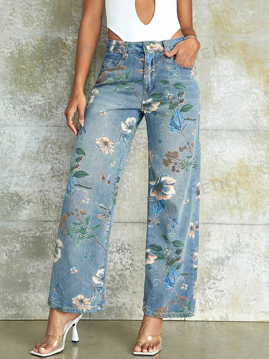 90s Vintage Floral Print High Waist Slant Pocket Wide Leg Jean Casual ...