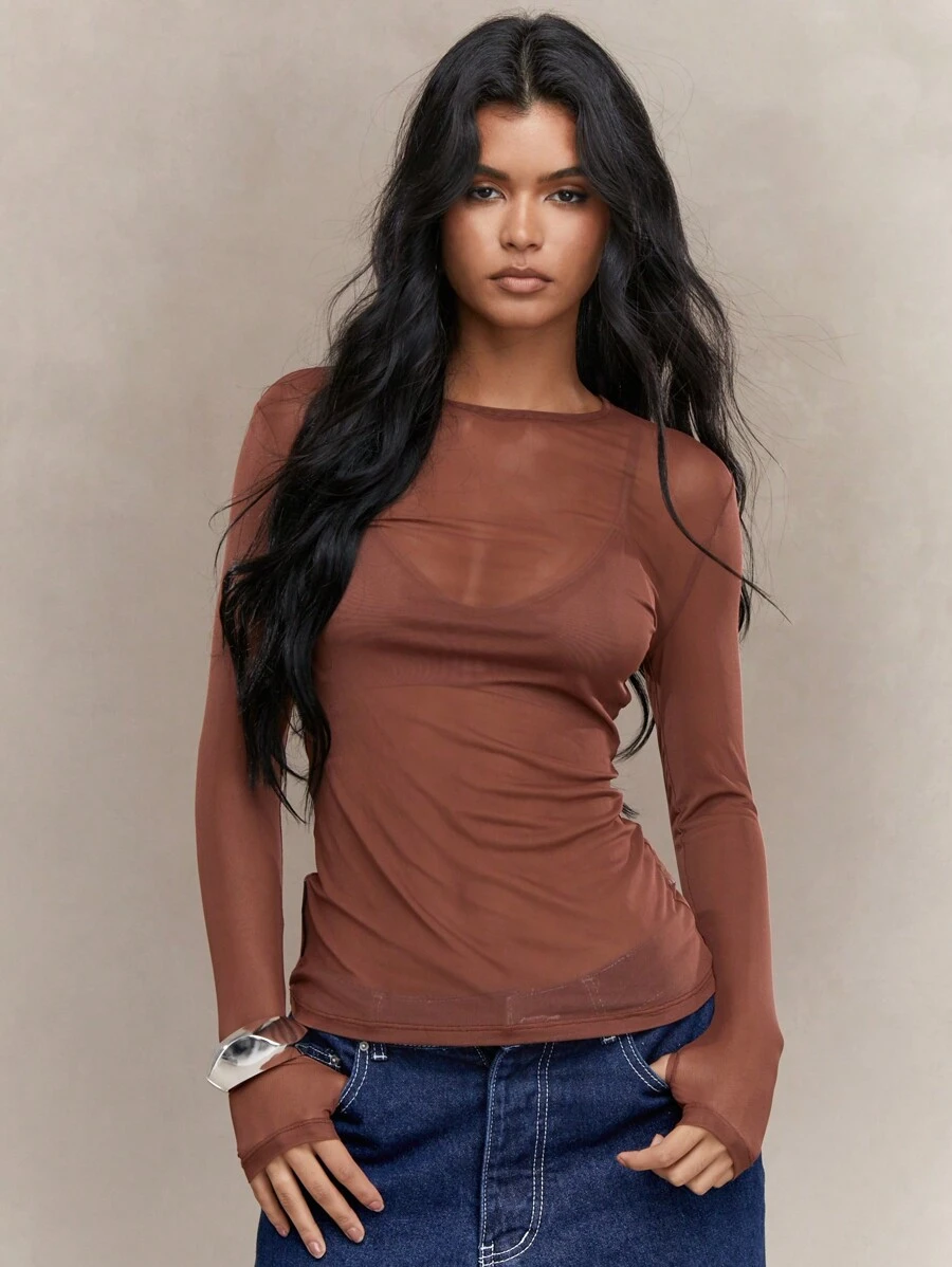 MISSGUIDED Street Sheer Mesh Thumb Hole Long Sleeve Top | SHEIN USA