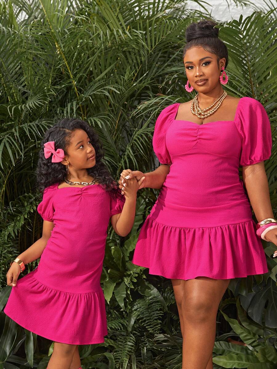 SHEIN Tween Girls Casual Woven Solid Color V-Neck Short Sleeve Dress ...