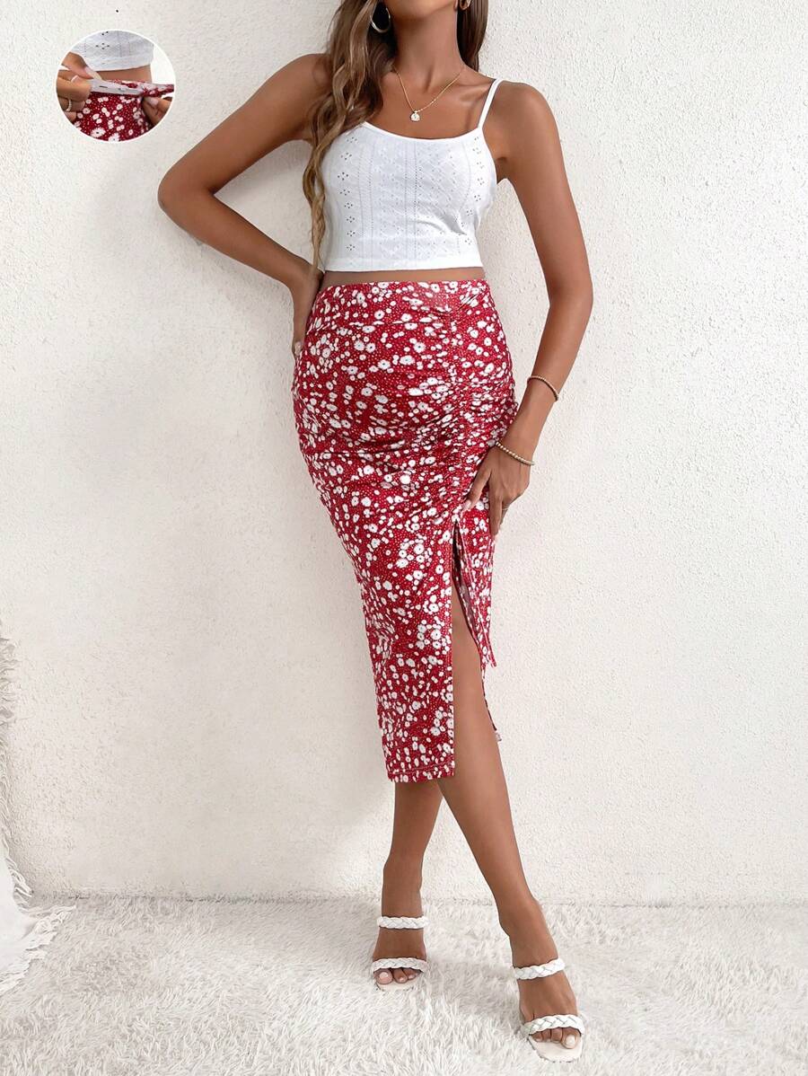 SHEIN Maternity Summer Solid Color Spaghetti Strap Top And Ditsy Floral Slit Skirt Two-Piece Set ...
