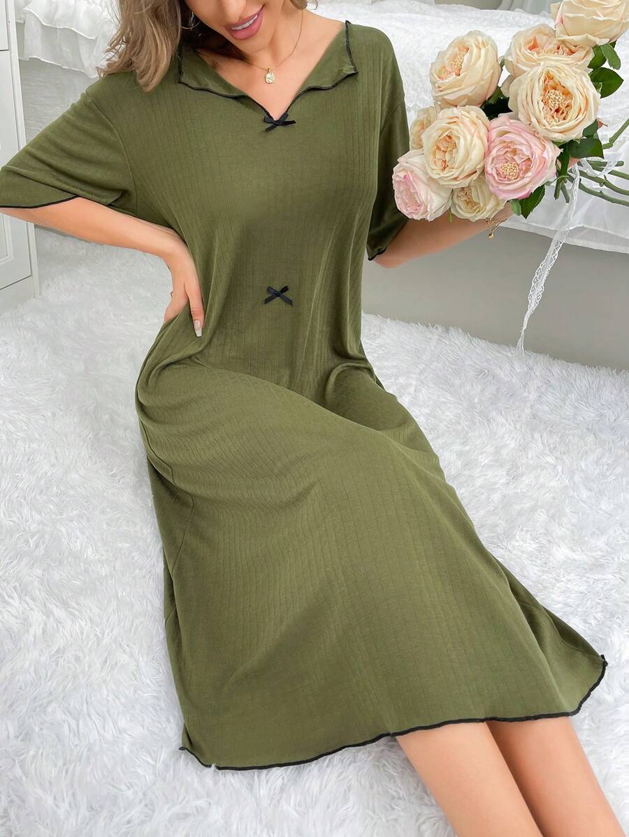 Women's Bow Decorated Homewear Dress With Edging, Long Dress | SHEIN USA