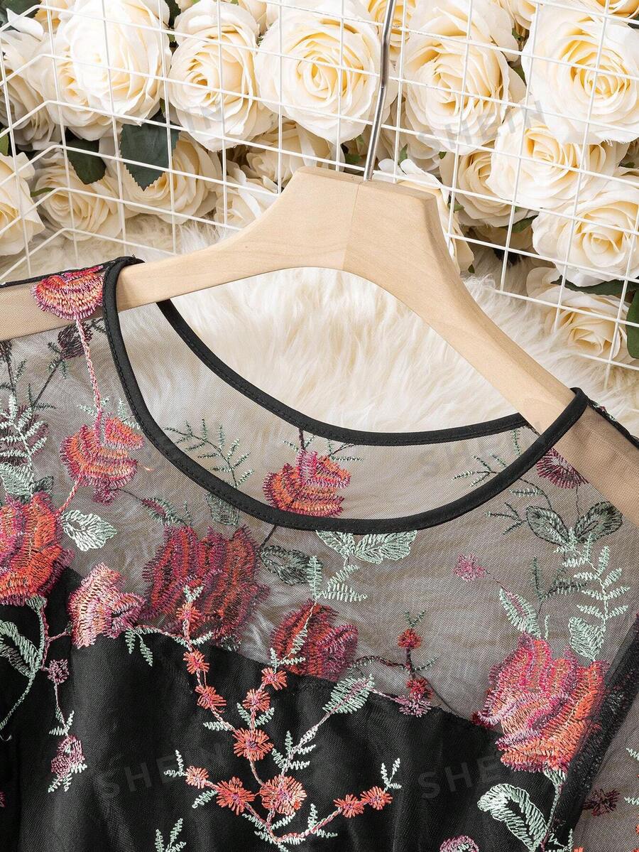 SHEIN Clasi Plus Size Elegant Summer Short Sleeve Mesh Splice Flower Embroidery Round-Neck Dress ...