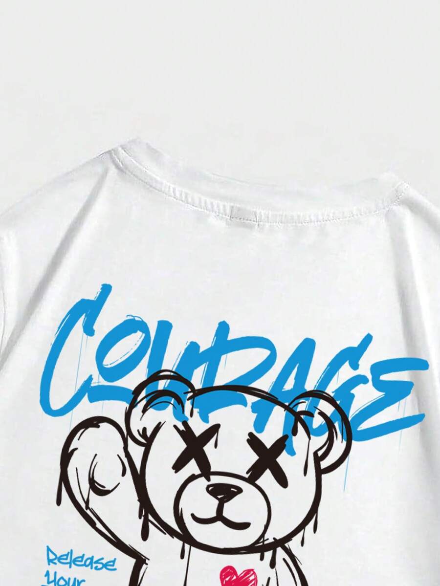 Manfinity EMRG Men's Standard Size Street-Style Vintage Graffiti English Fun Bear Pattern White ...