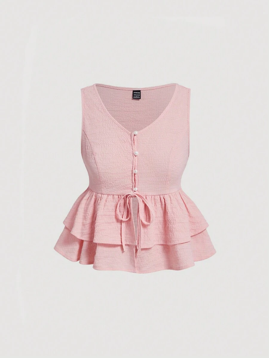 SHEIN MOD Romantic And Cute Pink Ruffle Hem Sleeveless Shirt With Pearl ...