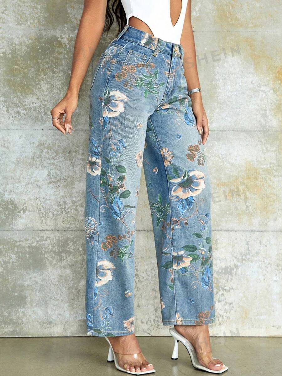 90s Vintage Floral Print High Waist Slant Pocket Wide Leg Jean Casual ...