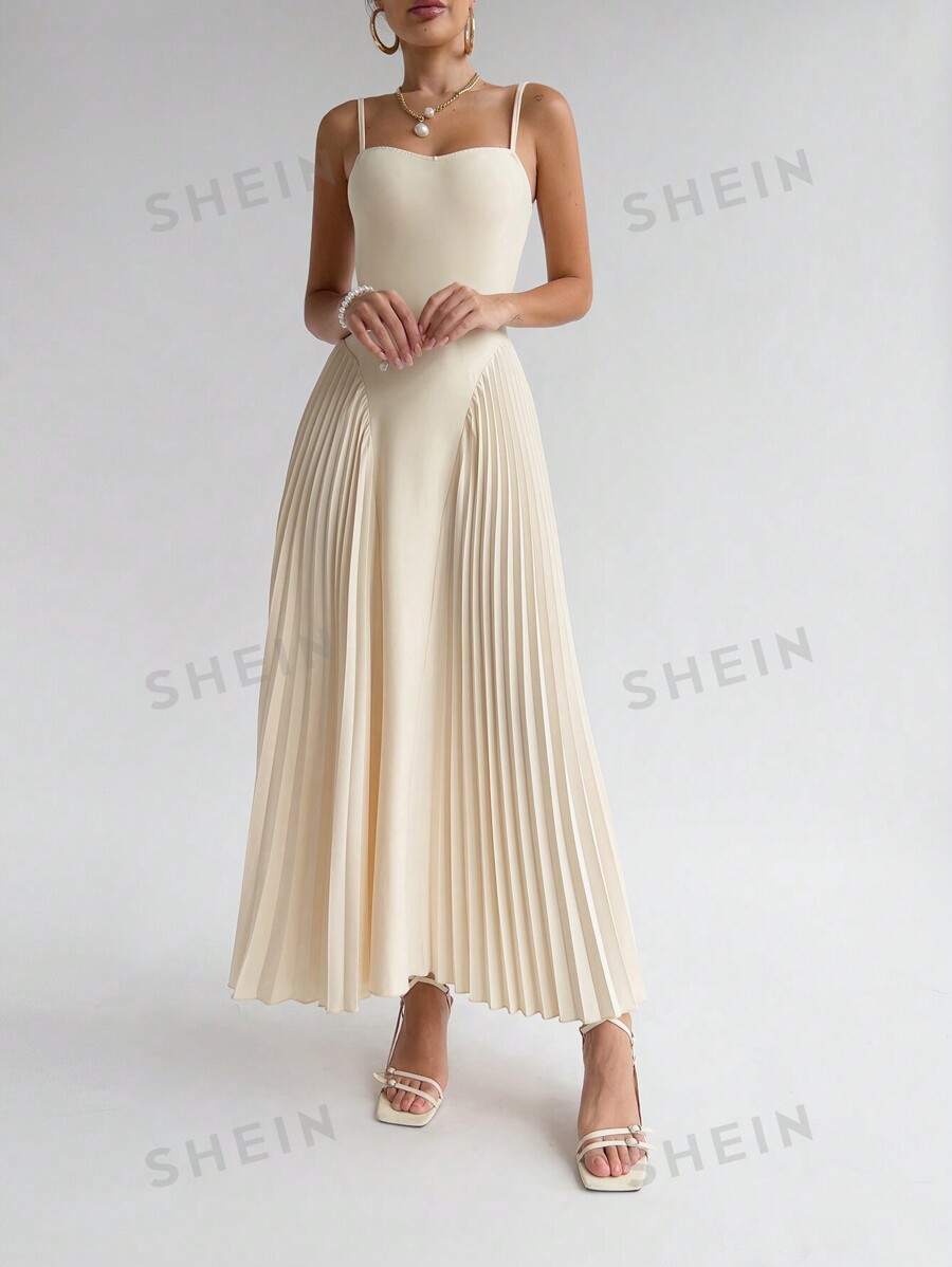 SHEIN Privé 女性用夏用ワンピース、エレガントでホリデーやデート、パーティーに最適、プリーツストラップ付き、ミドル丈 | SHEIN JAPAN