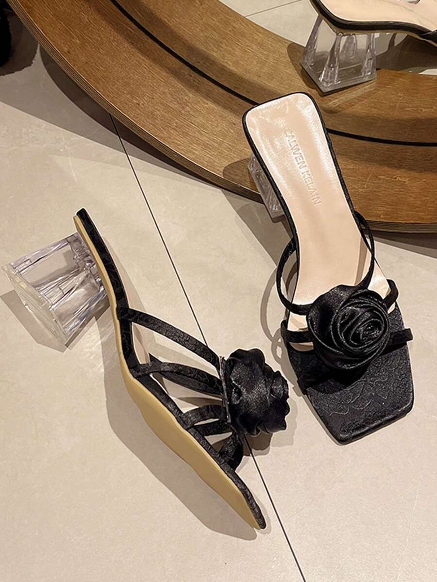 Women's 3D Flower Chunky Heel Sandals, Pastel Macaron Colors, 3D Flower ...