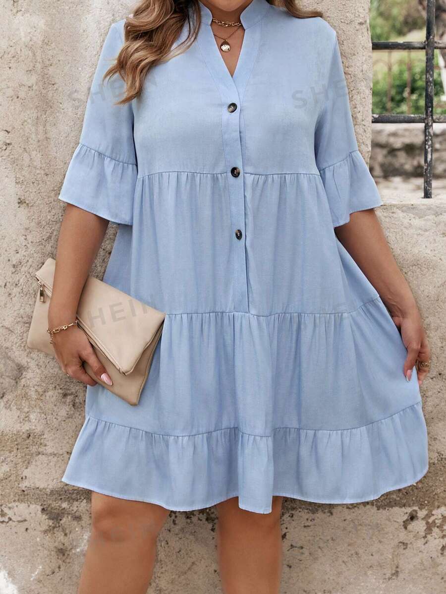 Shein Vcay Plus Size Denim Button-front Shirt Dress | Shein Uk