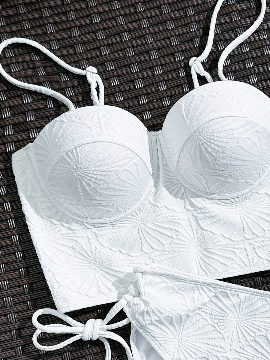 SHEIN Swim Vcay Ladies' Solid Jacquard Push Up Bikini Set With Strappy Triangle Briefs ...