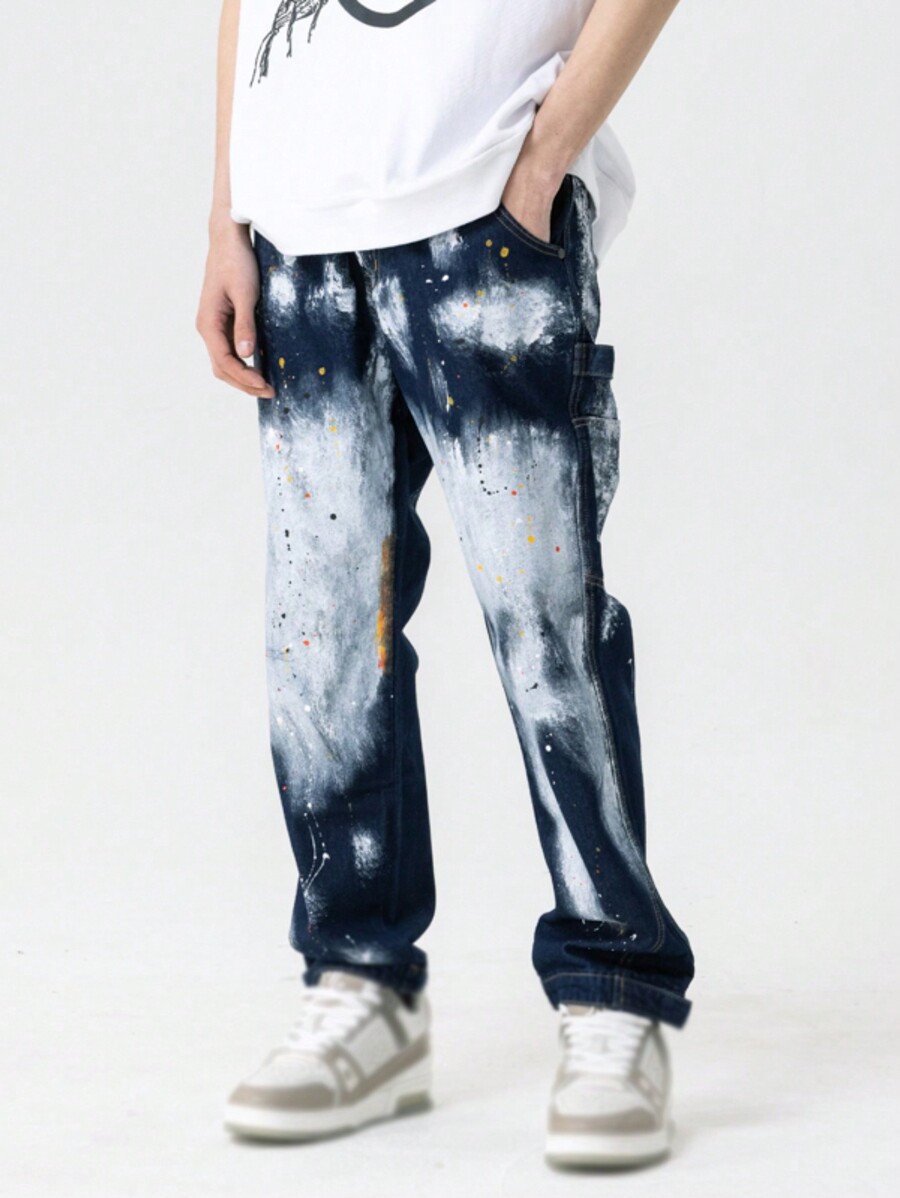 Calça Denim Masculina Com Pernas Retas E Largas Com Efeito De Pintura