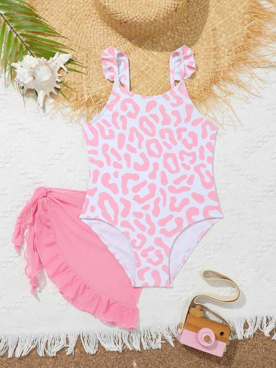 Young Girl Leopard Print Ruffle One-Piece Swimsuit And Tied Swim Skirt ...