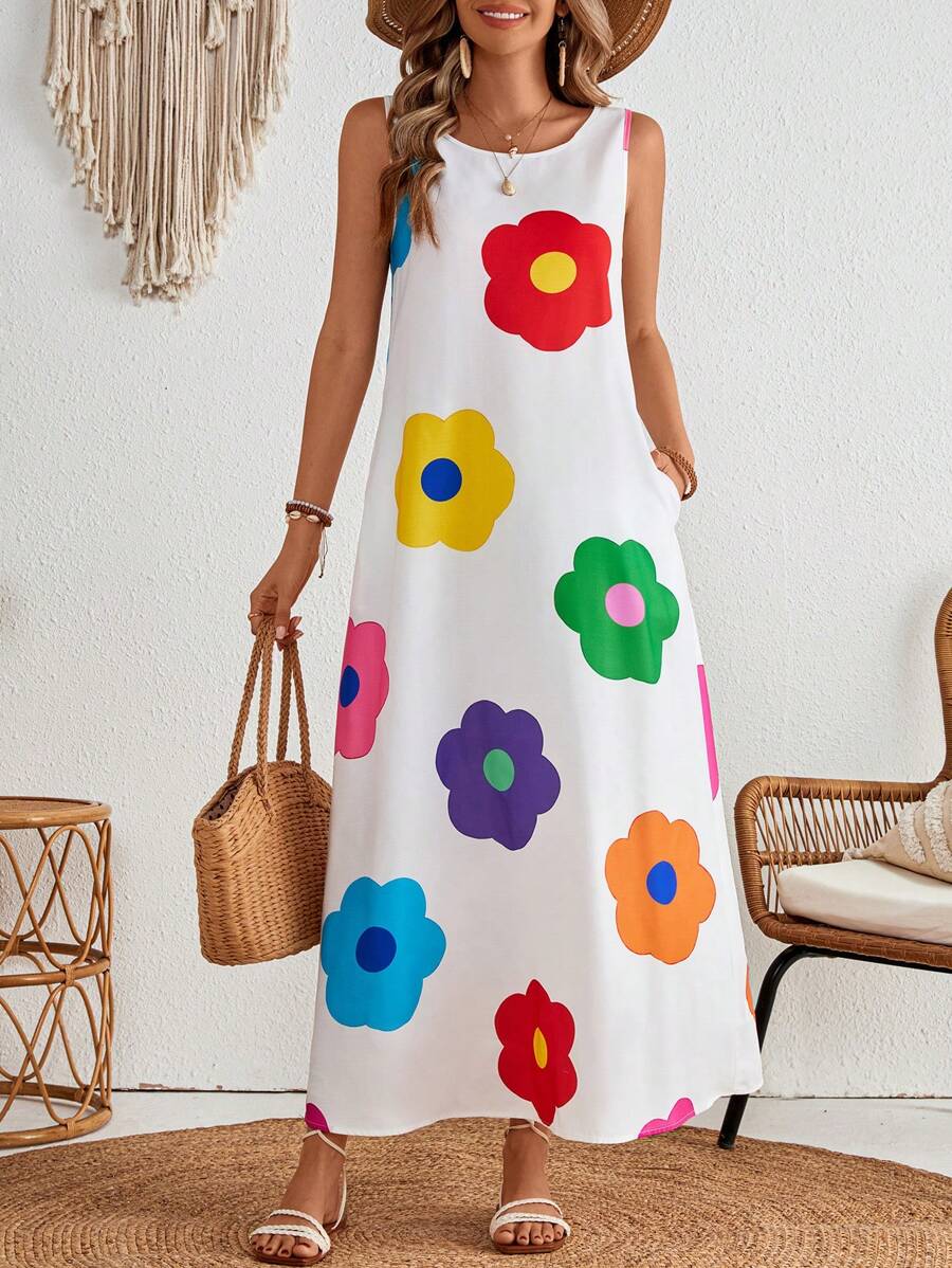 SHEIN VCAY Resort Woven Colorful Flower Print Classic Sleeveless Dress ...