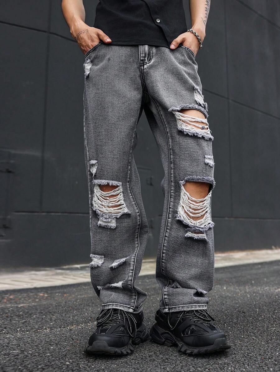 Men Ripped Frayed Straight Leg Baggy Jeans For Dailywear | SHEIN EUR