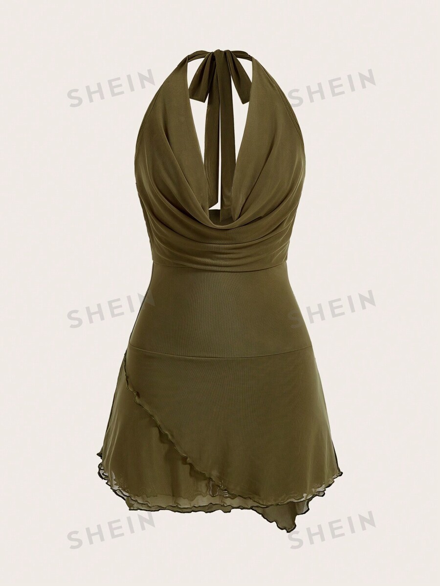 SHEIN VCAY Solid Color Knitted Mesh See-Through Sexy Dress, Draped Neck With Halter Strap, Open ...