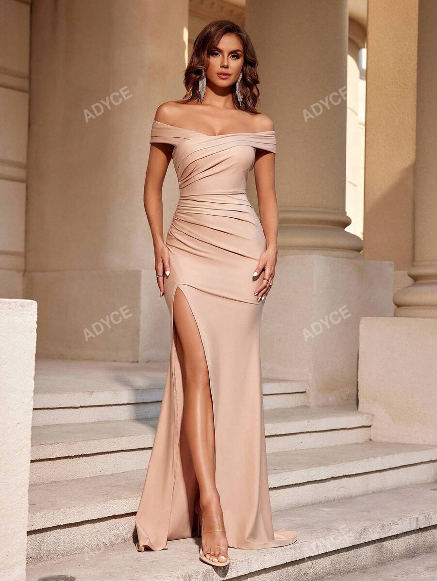 ADYCE ADYCE Off Shoulder Solid Color Front Crossed Ruched High Slit Prom Party Dress Elegant ...