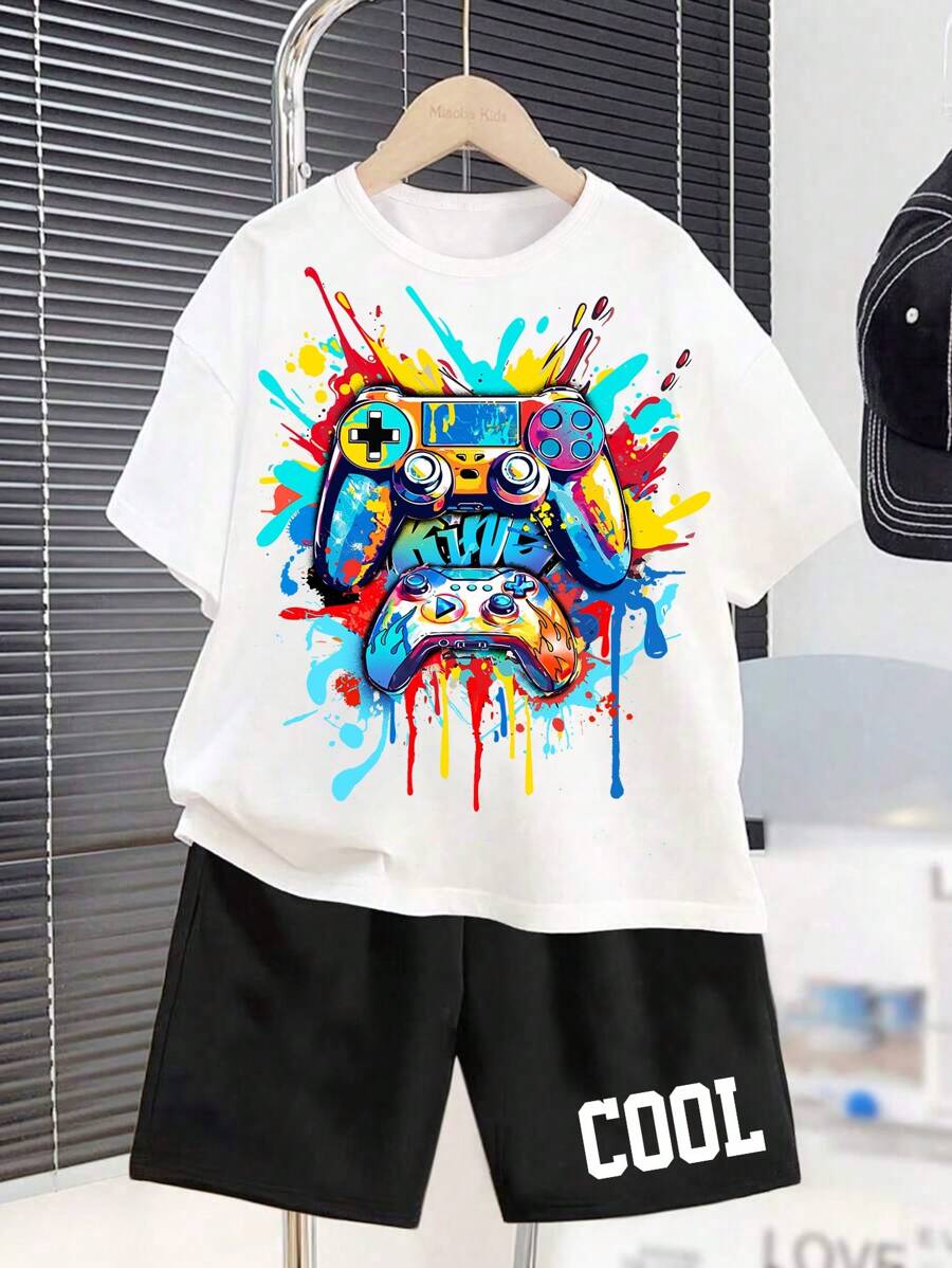 SHEIN Dazzle Game Machine Printed Casual Short Sleeve T-Shirt And ...