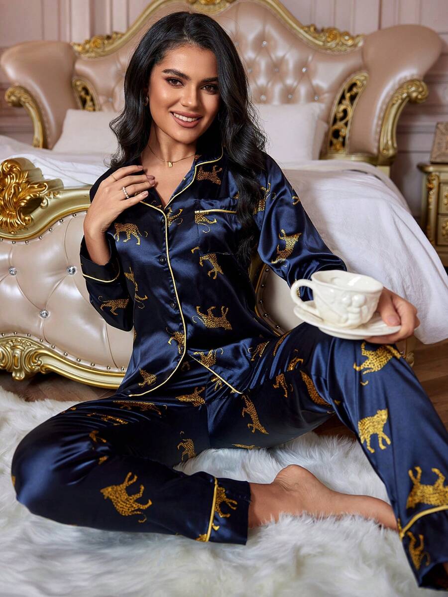 LuxeNights Leopard Print Contrast Piping Satin PJ Set / Pajama Set ...