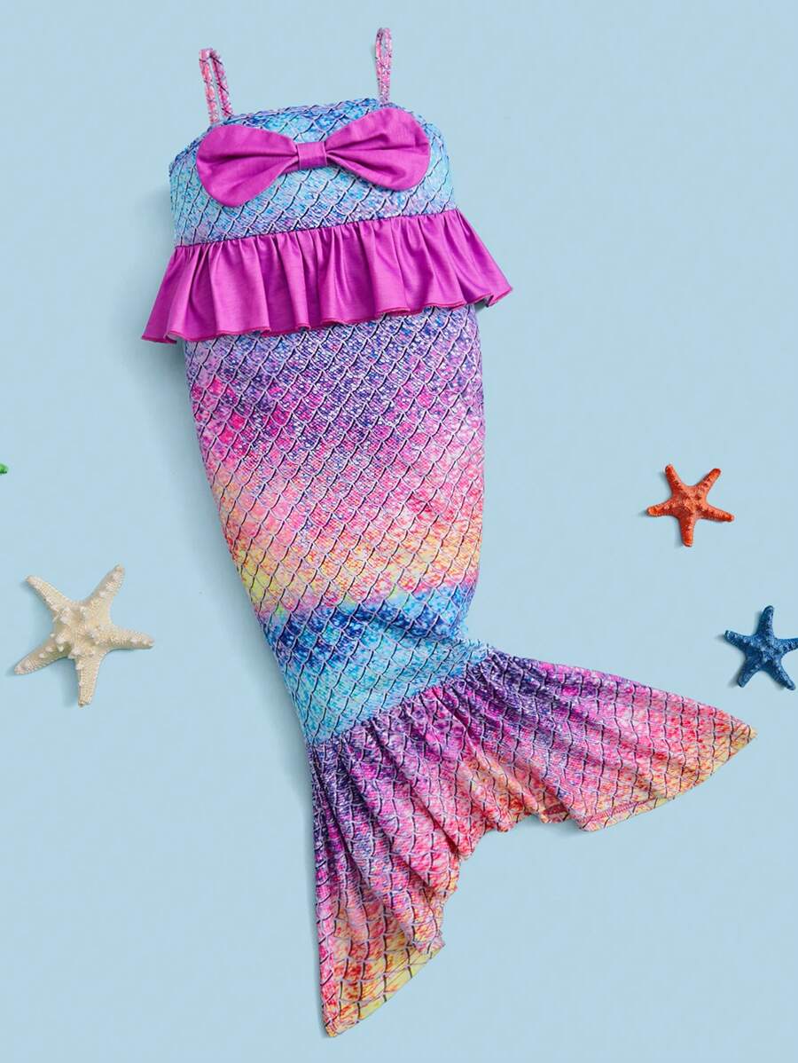 SHEIN Tween Girl Mermaid Shaped Casual One-Piece Swimsuit With Halter ...