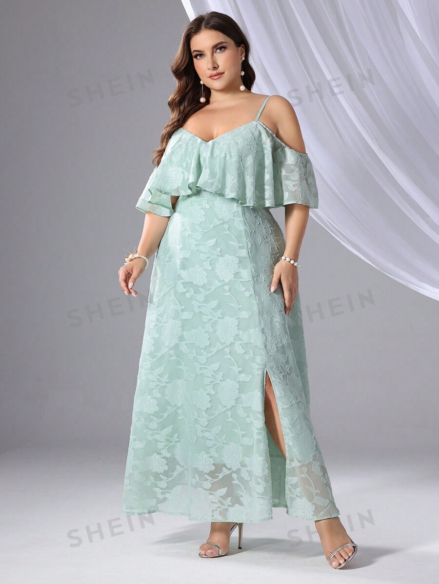 SHEIN Belle Plus Size Summer Elegant Shoulder-Baring Split Dress With Floral Cut-Out Design ...