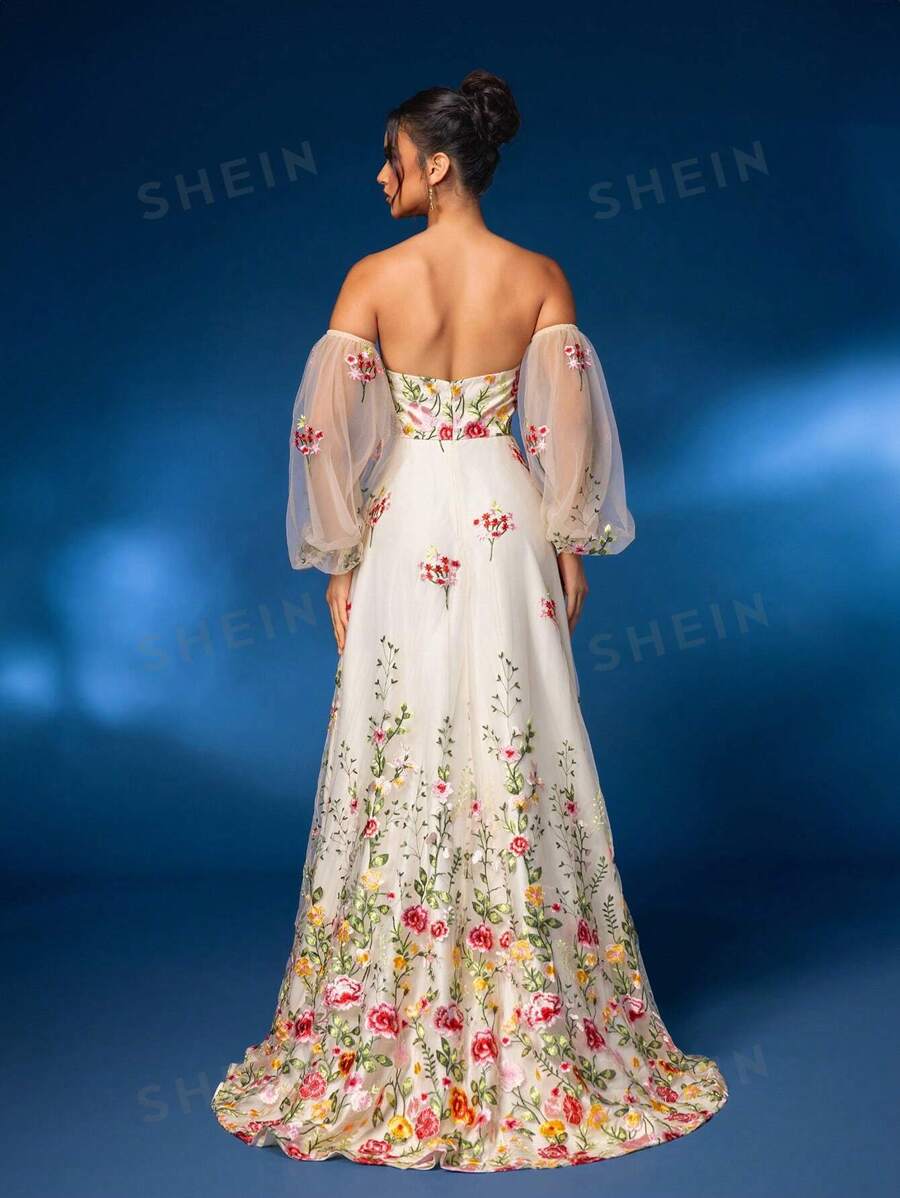 SHEIN Belle فستان أزرق برتقالي أنيق ورومانسي، يتميز بأكمام عارية وعنق برسيتال على شكل قلب. يأتي ...