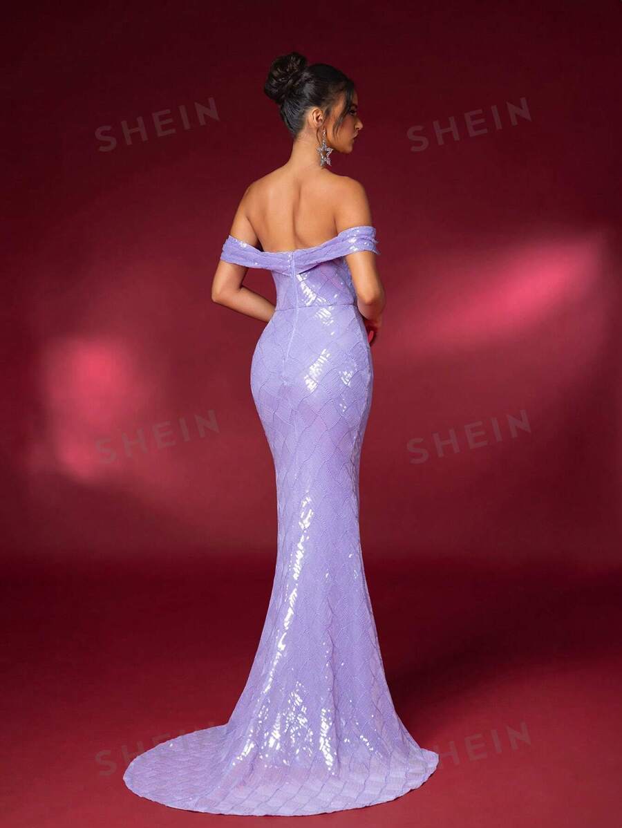 SHEIN Belle Elegant And Gorgeous Purple V-Neck Off-Shoulder Mermaid ...
