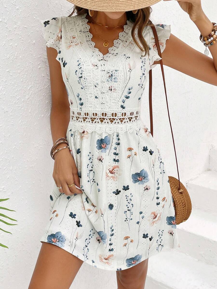 SHEIN Frenchy Ladies' Textured White Printed Lace Dress Date Night ...