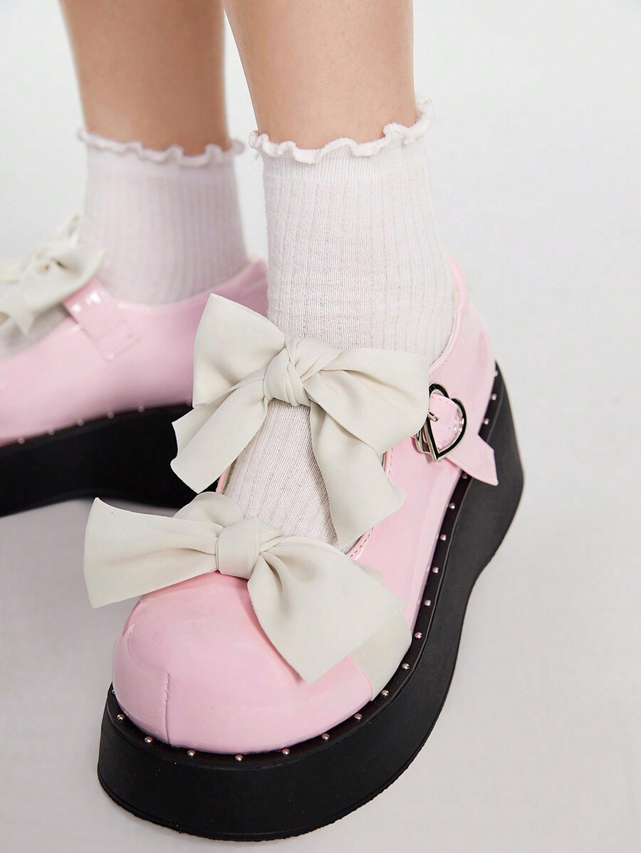 ROMWE Kawaii Academy Style Pink Heart Bow Mary Jane Lolita Shoes For ...