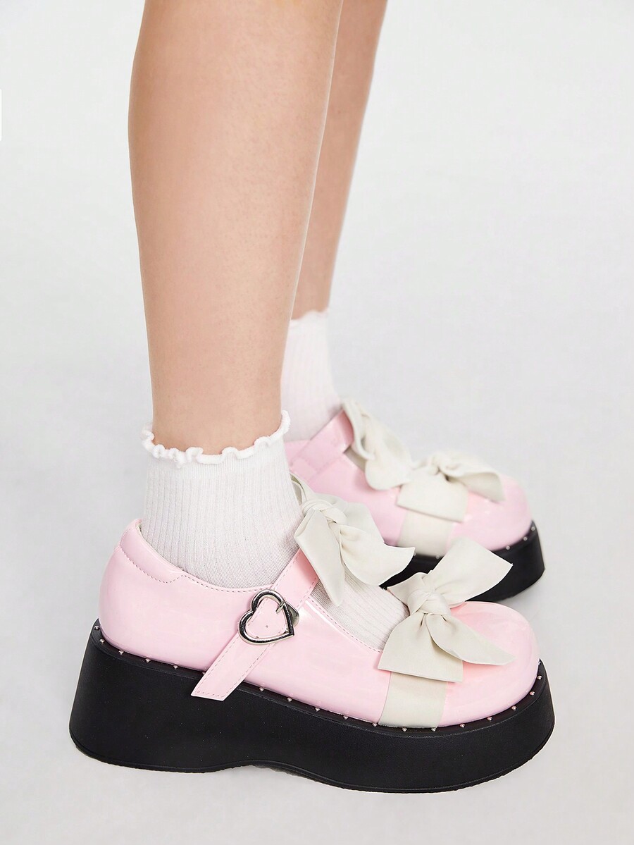 ROMWE Kawaii Academy Style Pink Heart Bow Mary Jane Lolita Shoes For ...