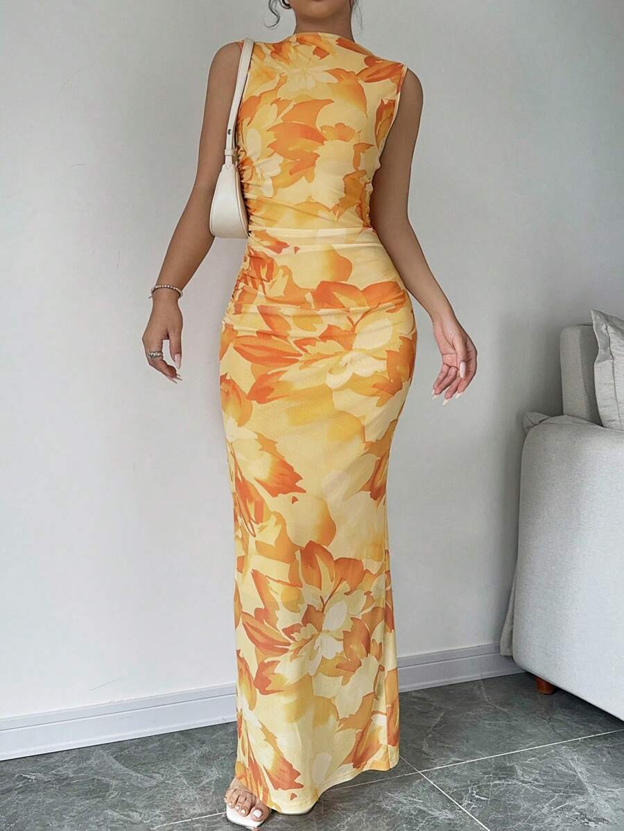 SHEIN Raffinéa Women's Elegant Flower Print Cinched Waist Fish-Tail ...