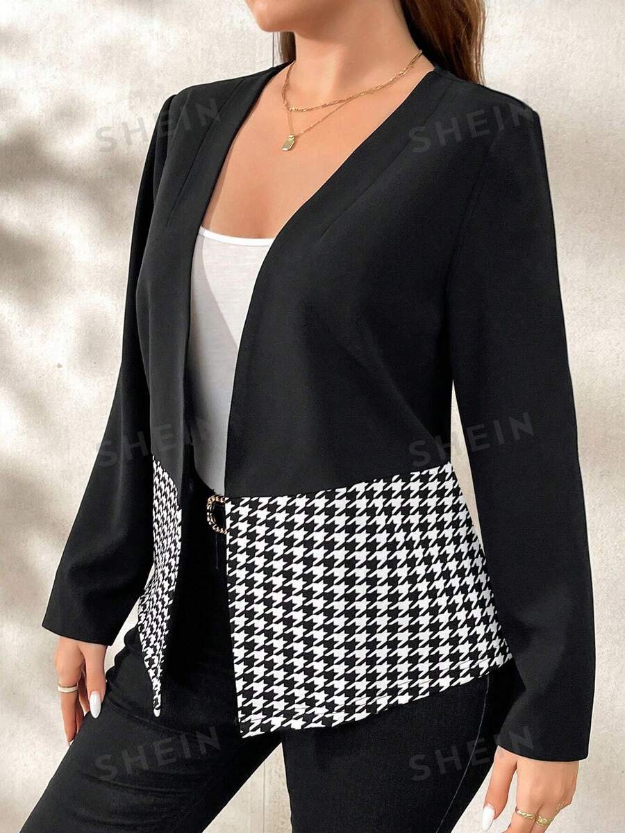 SHEIN Clasi Plus Size Business Jacket With Black And White Houndstooth ...