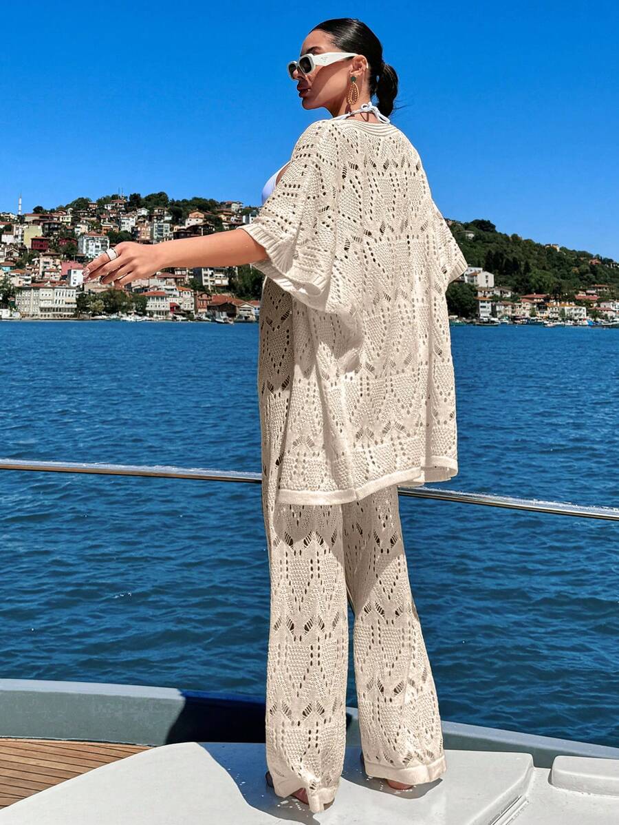 Cottnline Women Crochet Knit Cover Up Jacket And Pants Cover-Up Set ...