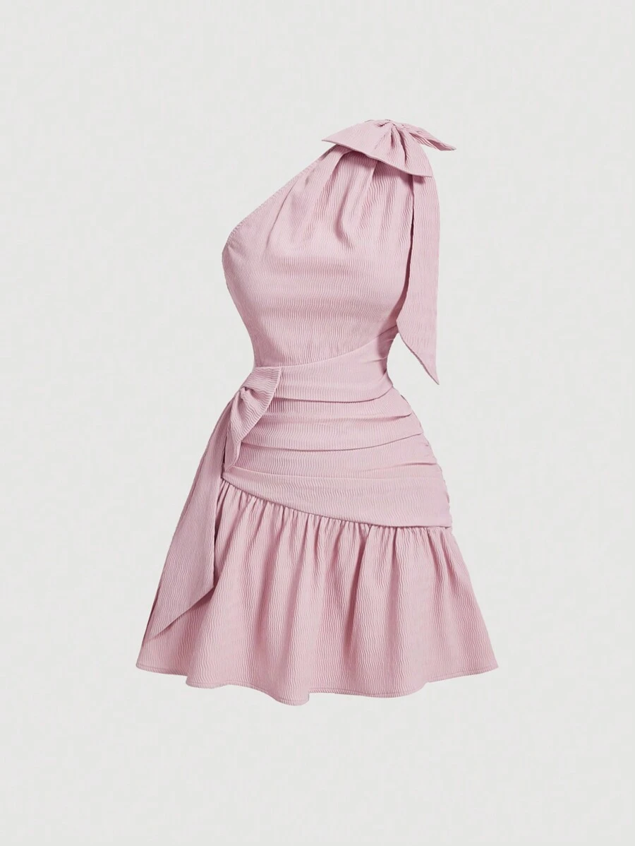 SHEIN MOD Summer Pink Asymmetrical Neck Bowknot Waist Short Dress With ...