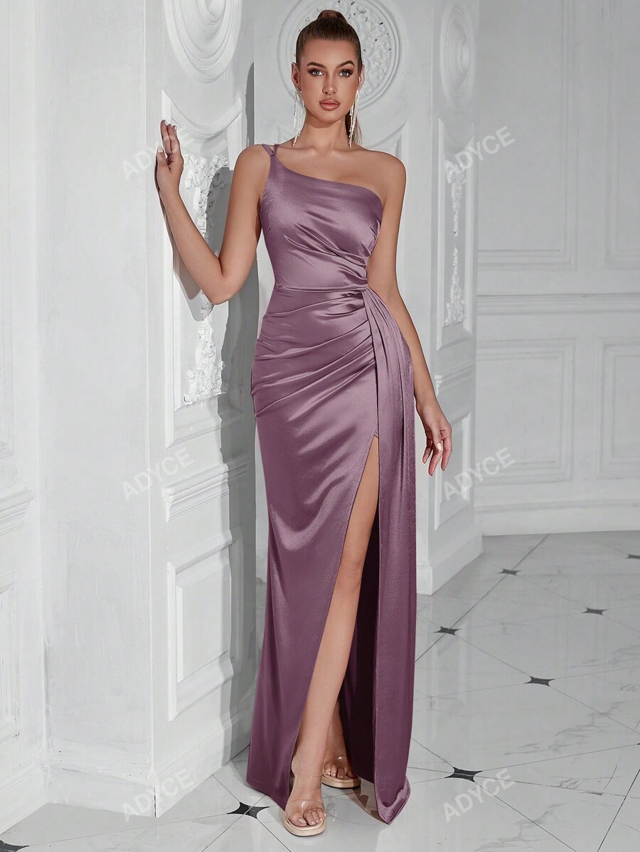 ADYCE One Shoulder Ruffle High Slit Long Belted Party Prom Dress Elegant Formal Evening Wedding ...