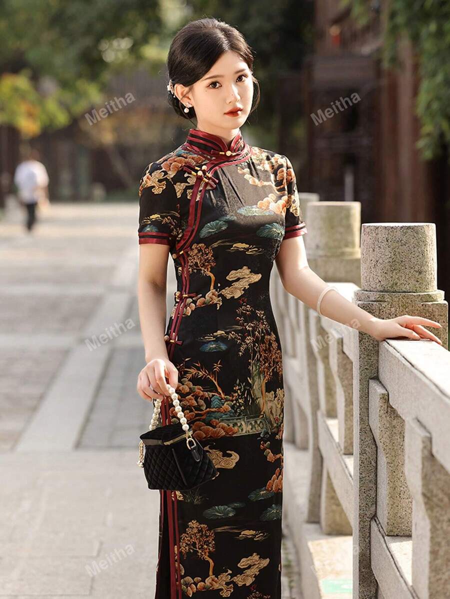 Women Elegant Cheongsam Style Long Chinese Dress With Botanical Print ...