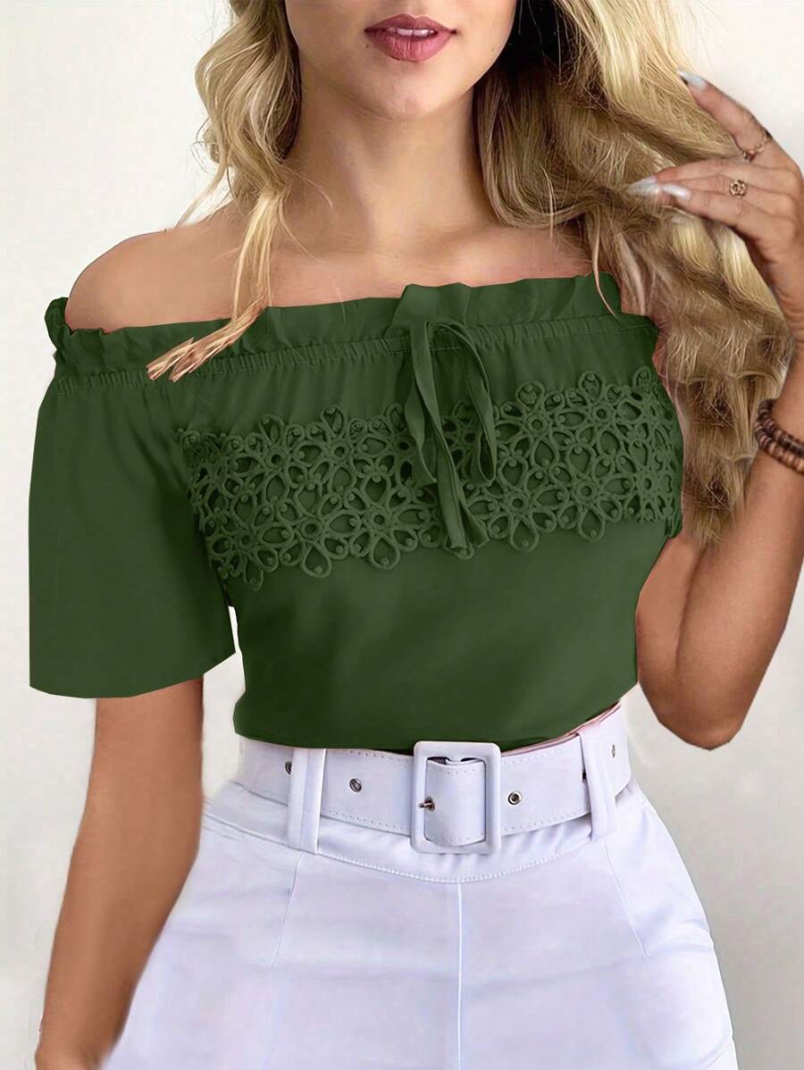 SHEIN Relaxiva Contrast Guipure Lace Off Shoulder Frill Trim Knot Front ...