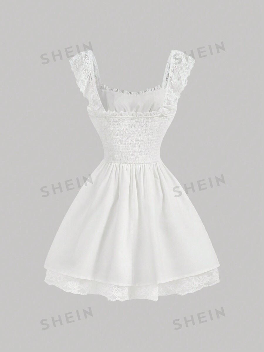 SHEIN MOD Graduation Dress, Square Neck, Flying Sleeves, Lace Patchwork ...