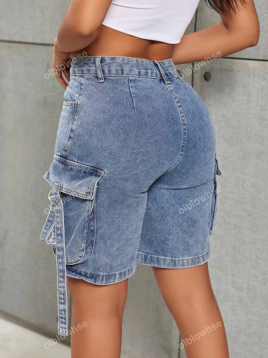 Y2K Street High Waist Flap Pocket Tape Detail Work Cargo Denim Bermuda ...