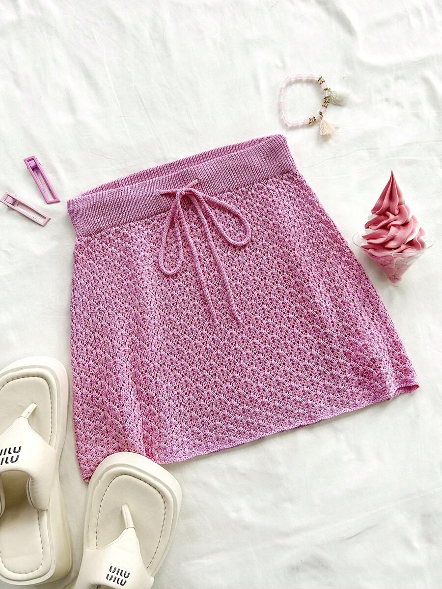 SHEIN WYWH Women's Pink Crochet See-Through Short Skirt Dress With Slim ...