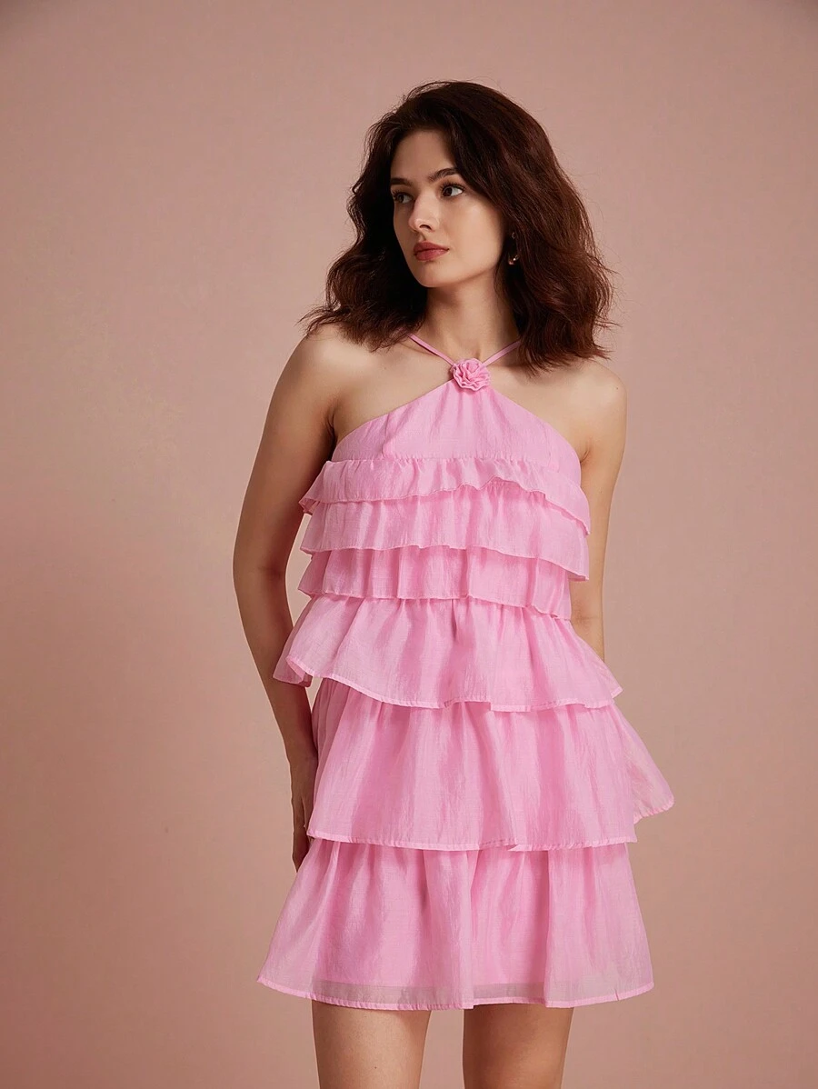 SHEIN Frenchy Sweet Y2K Dopamine Summer Dress For Teen Girls With 3D Flower And Layered Cake ...