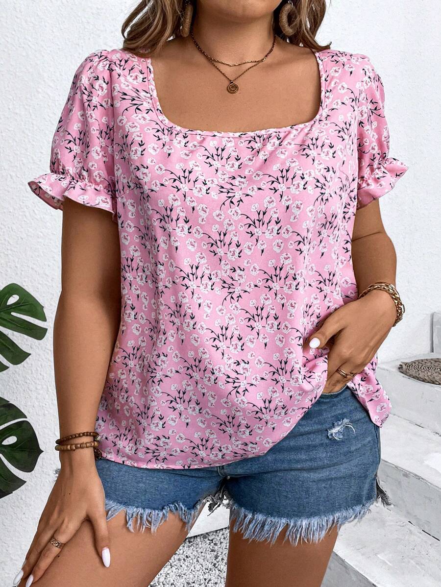 SHEIN Relaxiva Plus Size Vacation Leisure Ditsy Floral Puff Sleeve ...