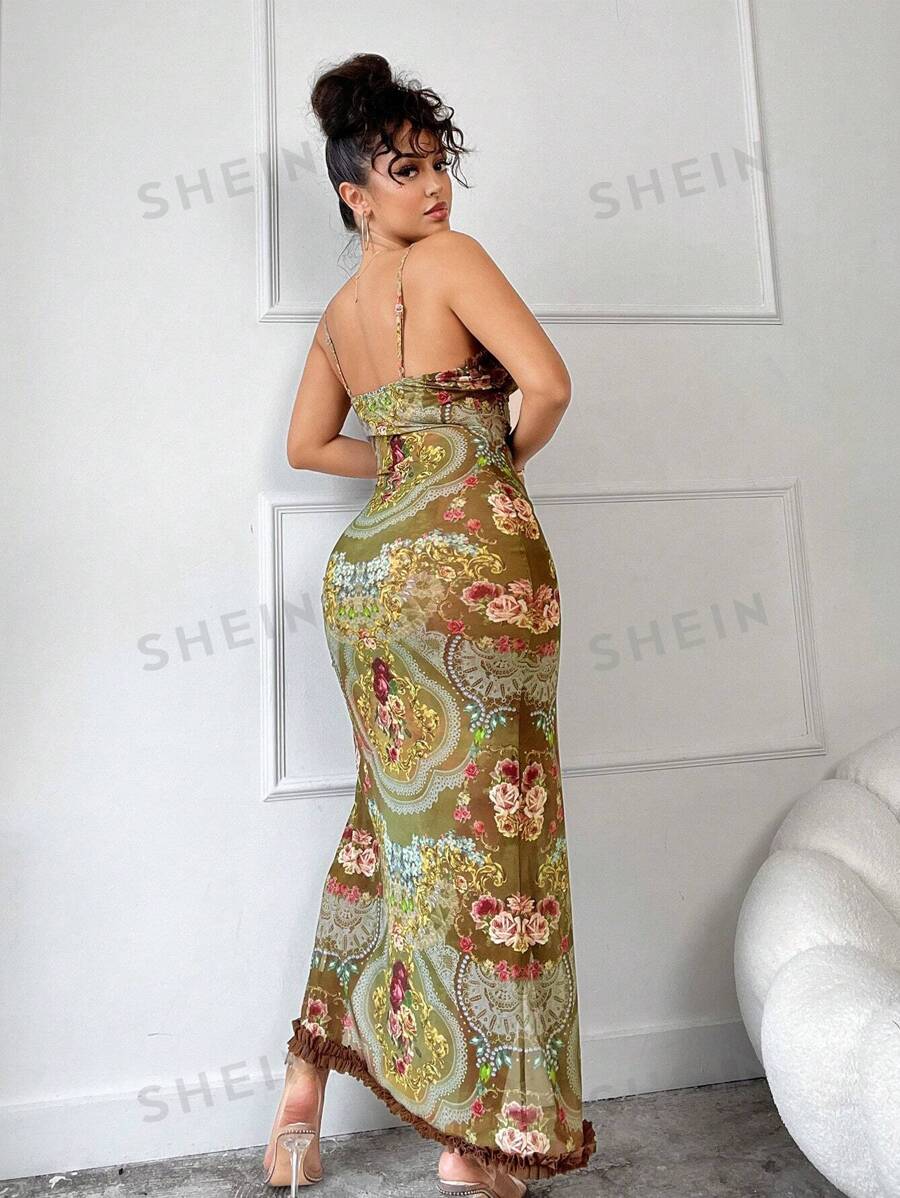 SHEIN SXY Sexy Ruched Ruffle Hem Floral Printed High Slit Sleeveless Dress With Elastic Mesh ...